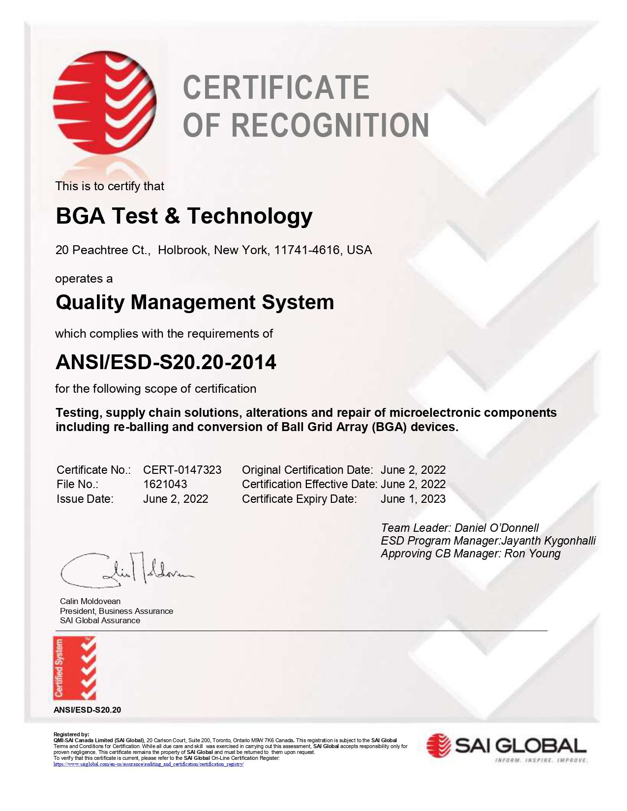Certifications – BGA Test & Technology